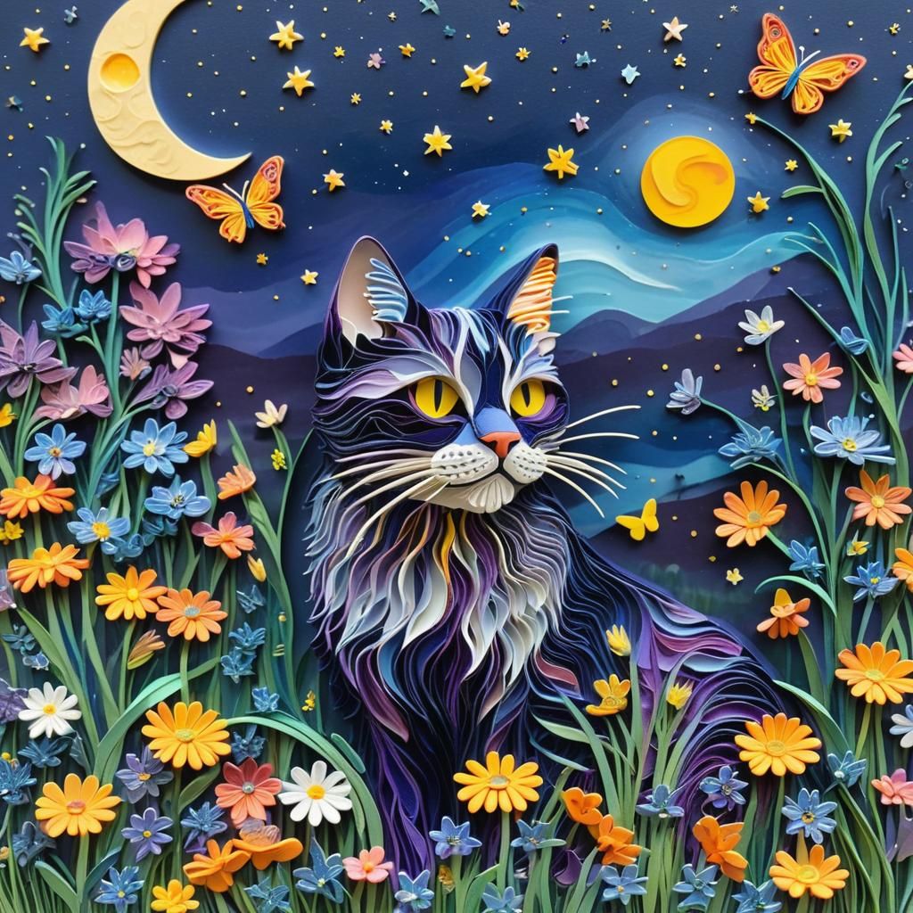hyperdetailed photorealistic quilling collage of purple cat in field of ...