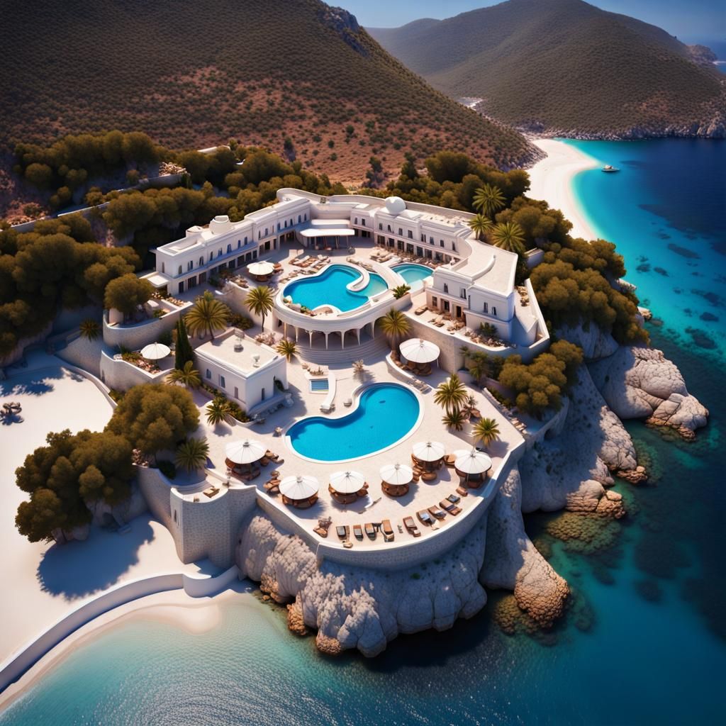 "A birds eye view 24k hyperdetailed Greek themed hotel with pools on an ...