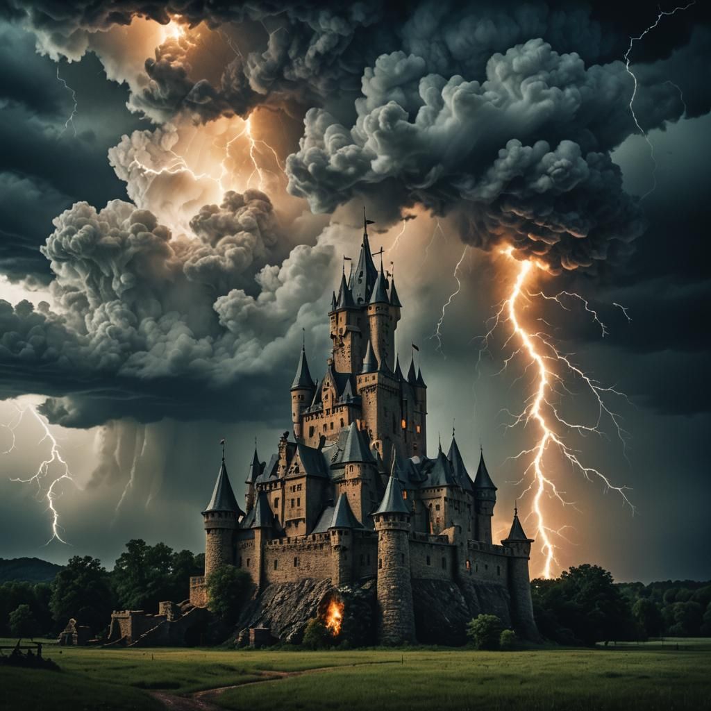 Castle, thunderstorm black clouds, tornado, low light