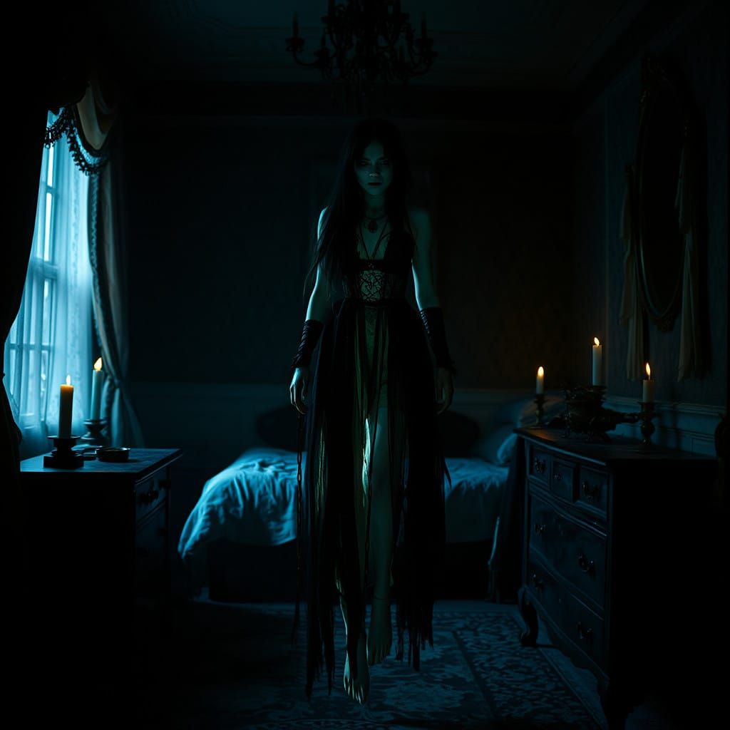 A ghostly gothic girl, draped in tattered, dark Victorian attire, with ...