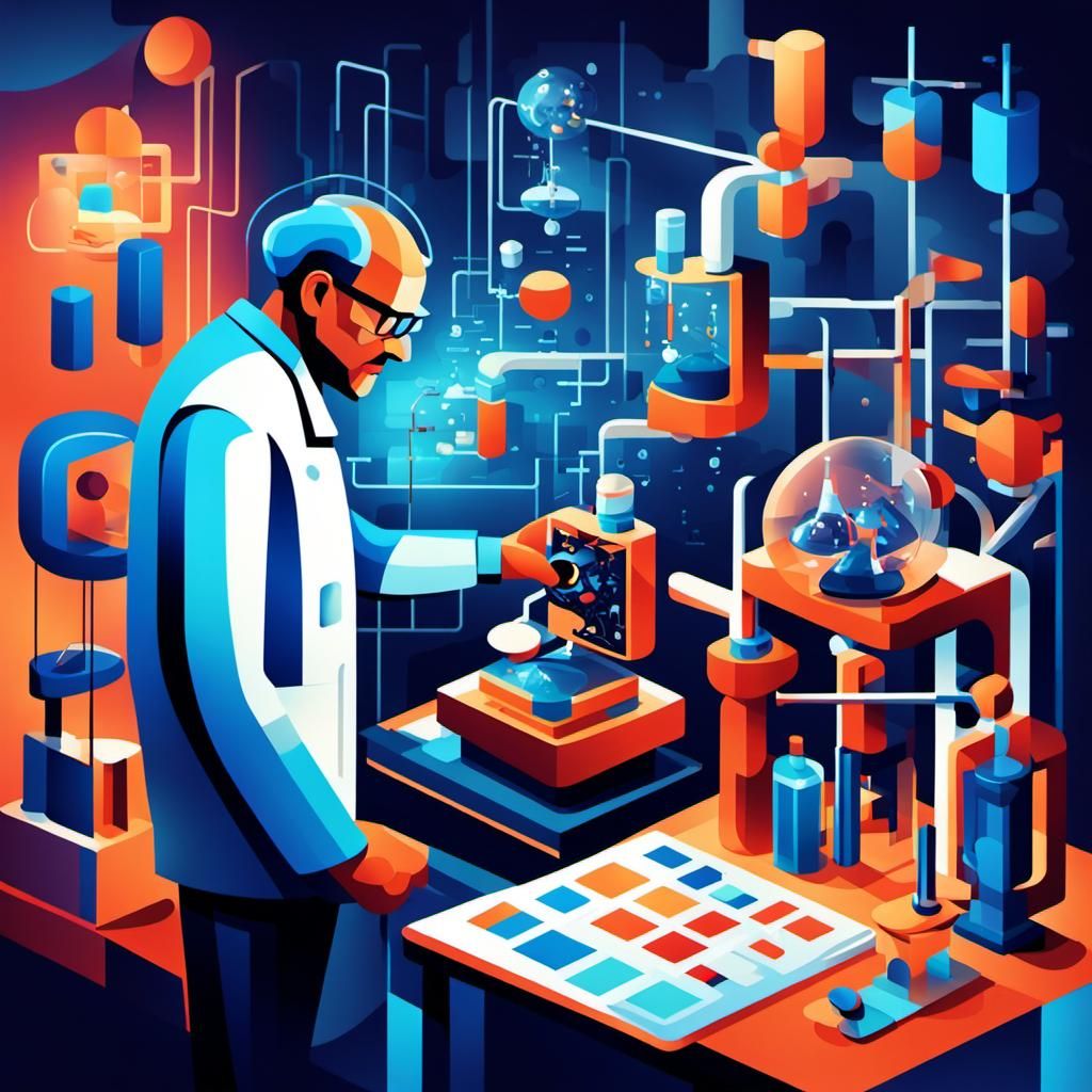 An artistic illustration of a scientist in a high-tech science lab ...