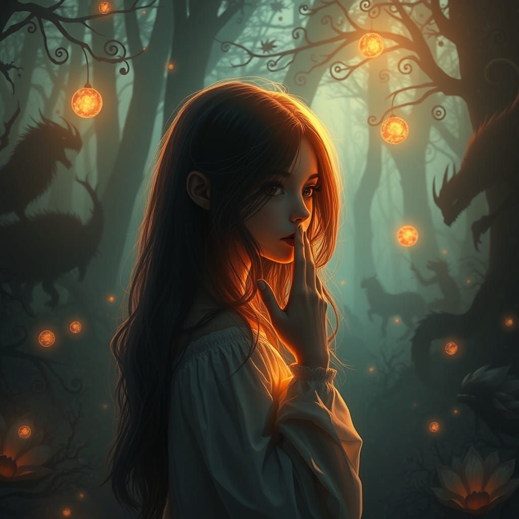 Watercolor illustration of a whimsical forest scene, magical characters ...