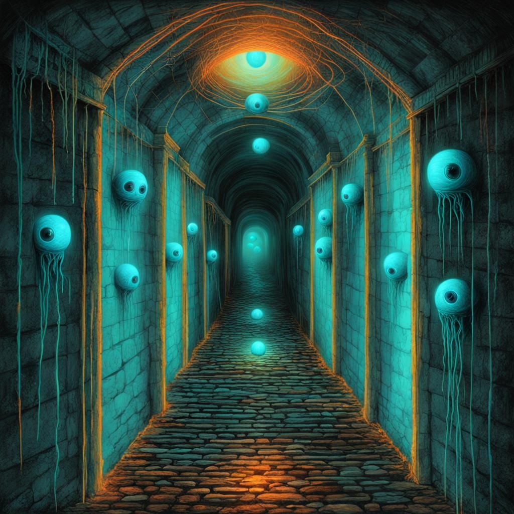 Glowing neon horror isolated eyeballs cyan strings ancient corridor ...