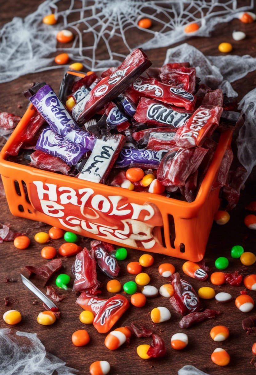 Halloween candy in basket razor blades blood gory organ guts 8k ...