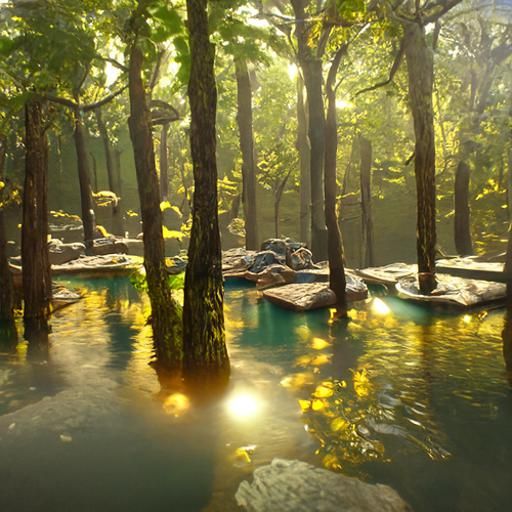 Sunlit natural pool in the deep dark beautiful forest; beautifully lit ...