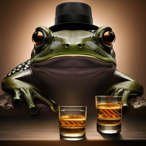 Frog as a noir detective heavy drinking whiskey at night café despair ...