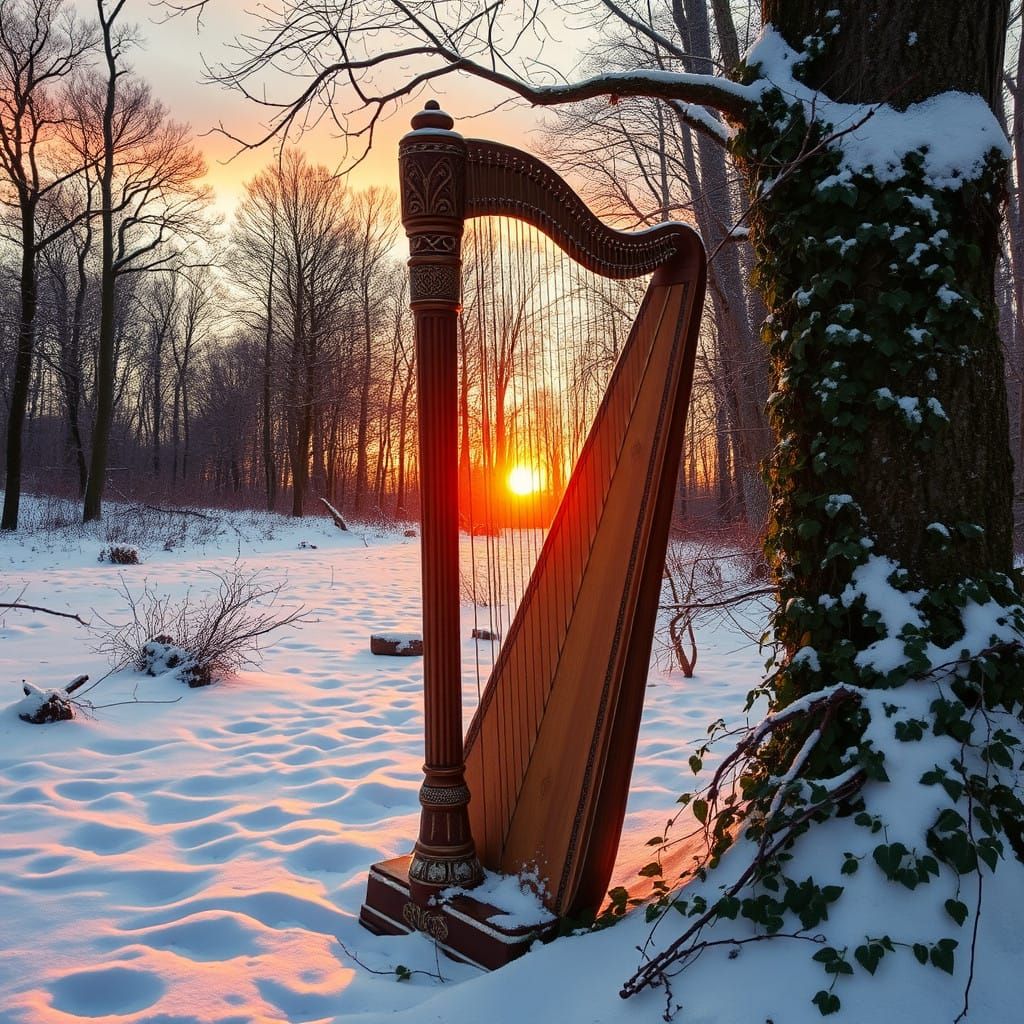 Ancient Brian Boru's harp - Harp in Winter Landscape Sunset...