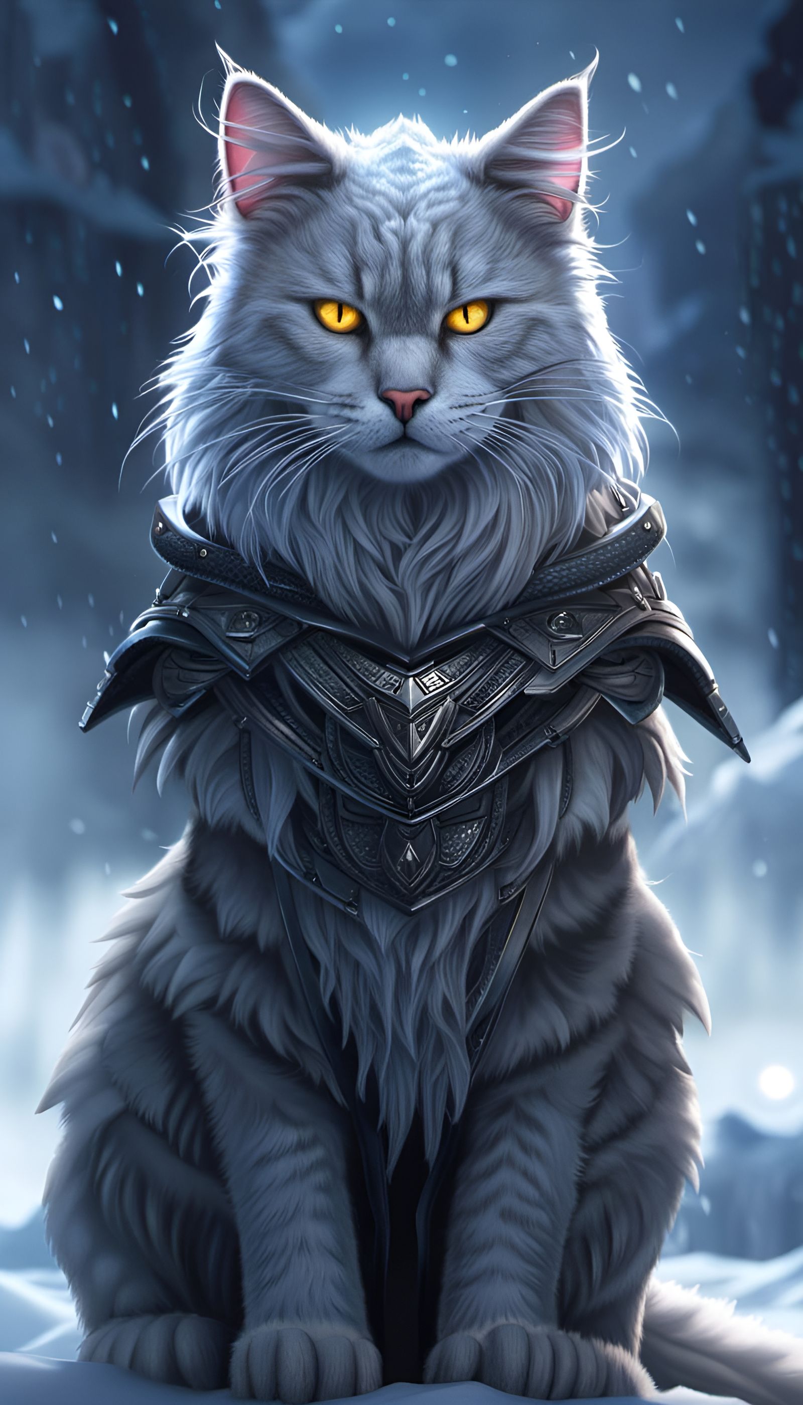 A snowy portrait of a maincoon cat , looking angry, sharp claws ...
