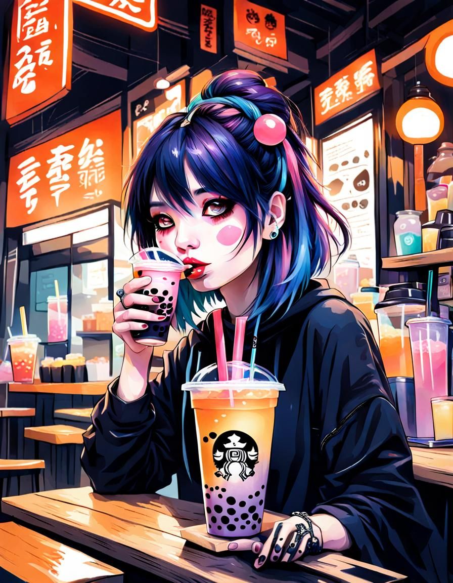 Emo girl and Bubble Tea - AI Generated Artwork - NightCafe Creator