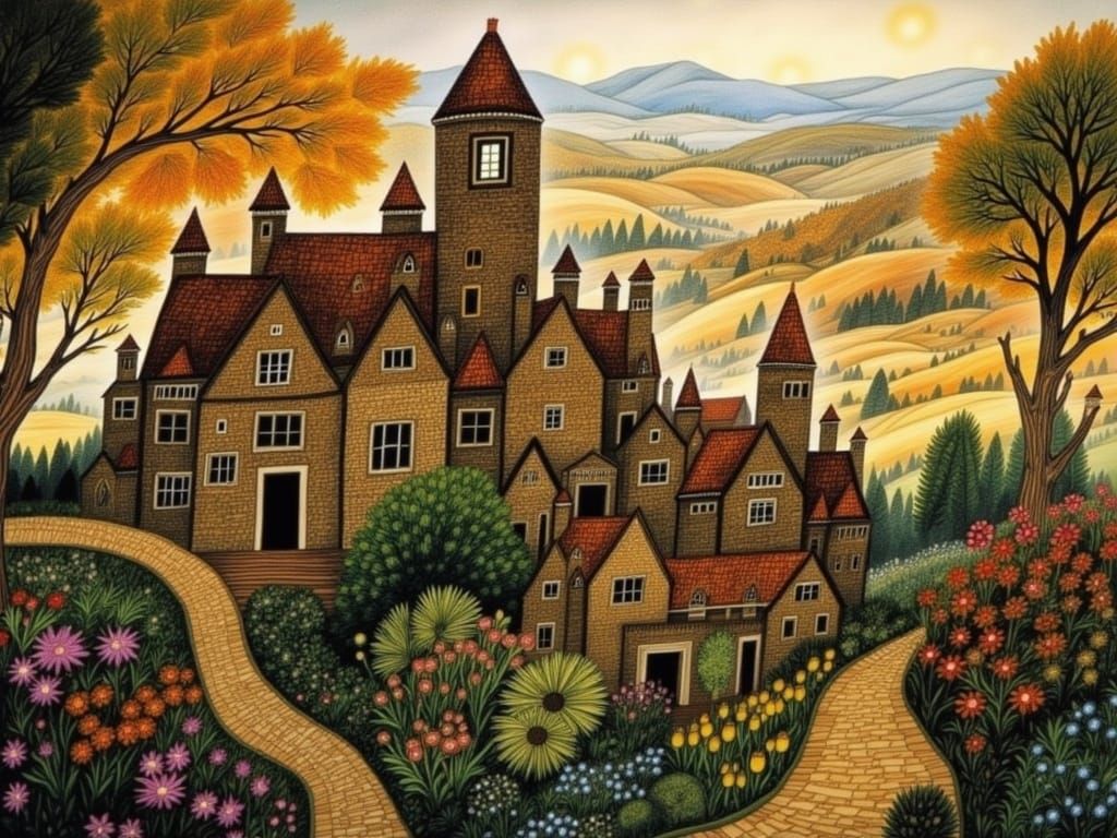 Enchanted Medieval Village in Noctilucent Dreamsca... - AI Art