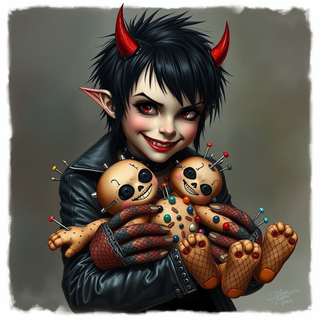 Realistic art A cute looking punk yet evil with a big smirk holding An ...