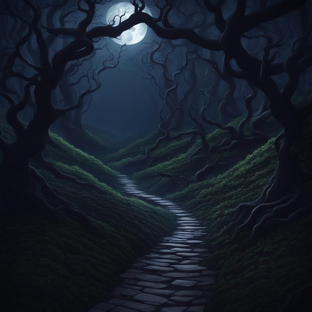 Ravine, dark mysterious, vines and trees , moonlight , winding path 8K ...