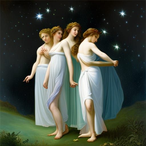 Seven sisters, Pleiades, mythical, by William-Adolphe Bouguereau, voluptuous curvy nymphs, curly ...