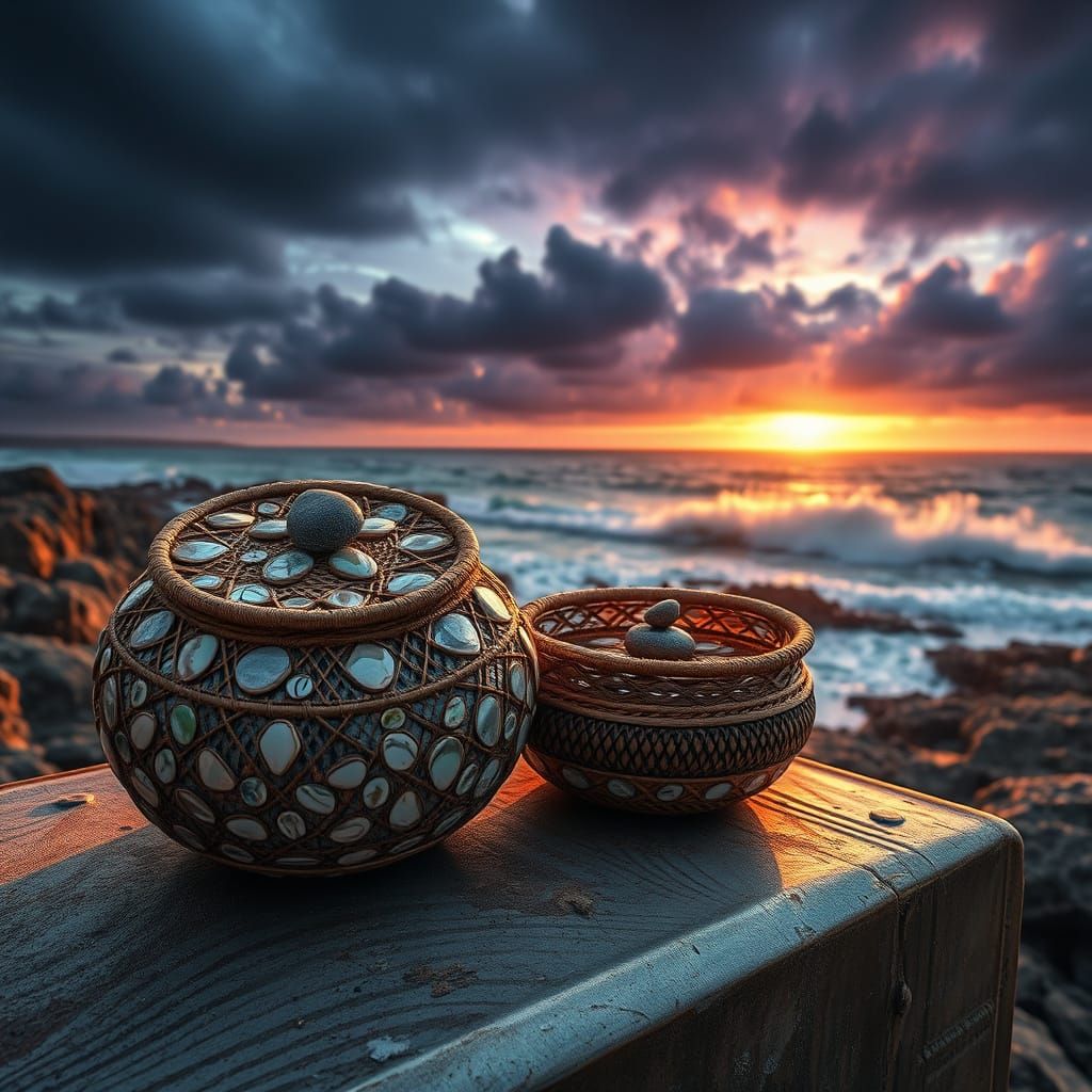 Indigenous Abalone Baskets on Worn Aluminum with S... - AI Art