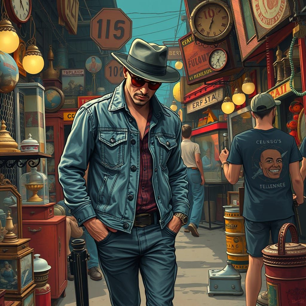 Sleek Thief at a Bustling Flea Market - AI Art