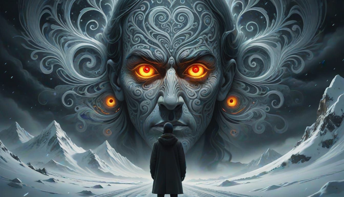 A man stands in front of an ominous face with glowing eyes
