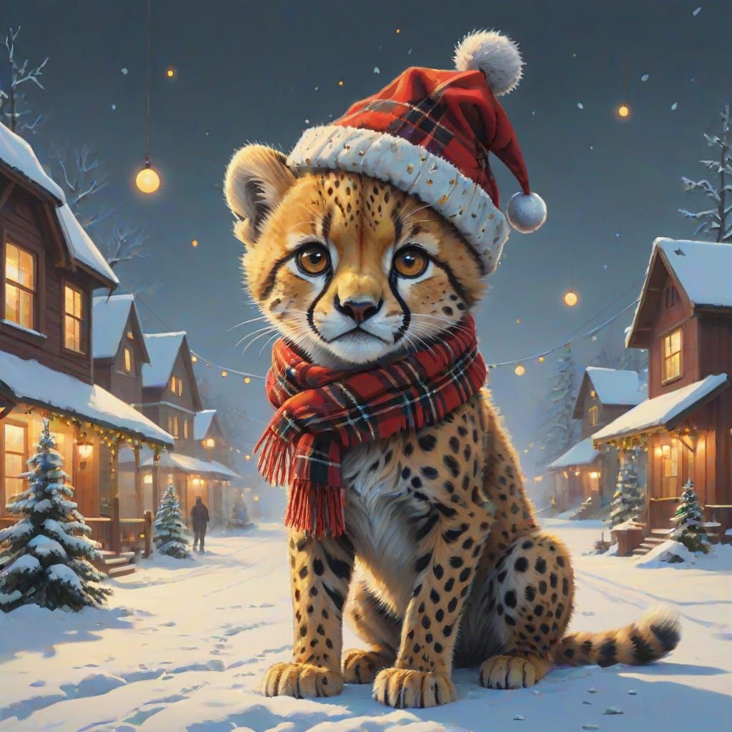 Christmas Cheetah Cub in the Snow - Christmas Cheetah Cub i...
