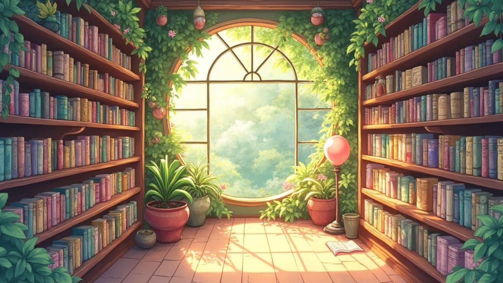 Floral library - Whimsical Fantasy Bookstore in Pastel Para...