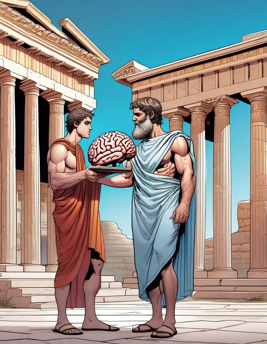 ancient greek man in sandals and colourful toga, holding in his arms a ...