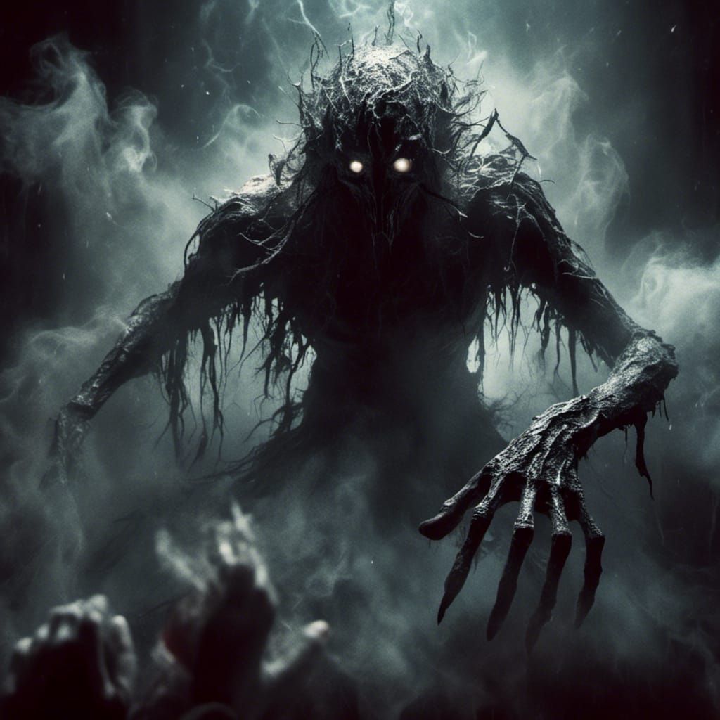 Sinister shadowy figure emerges from darkness, shrouded in mist ...