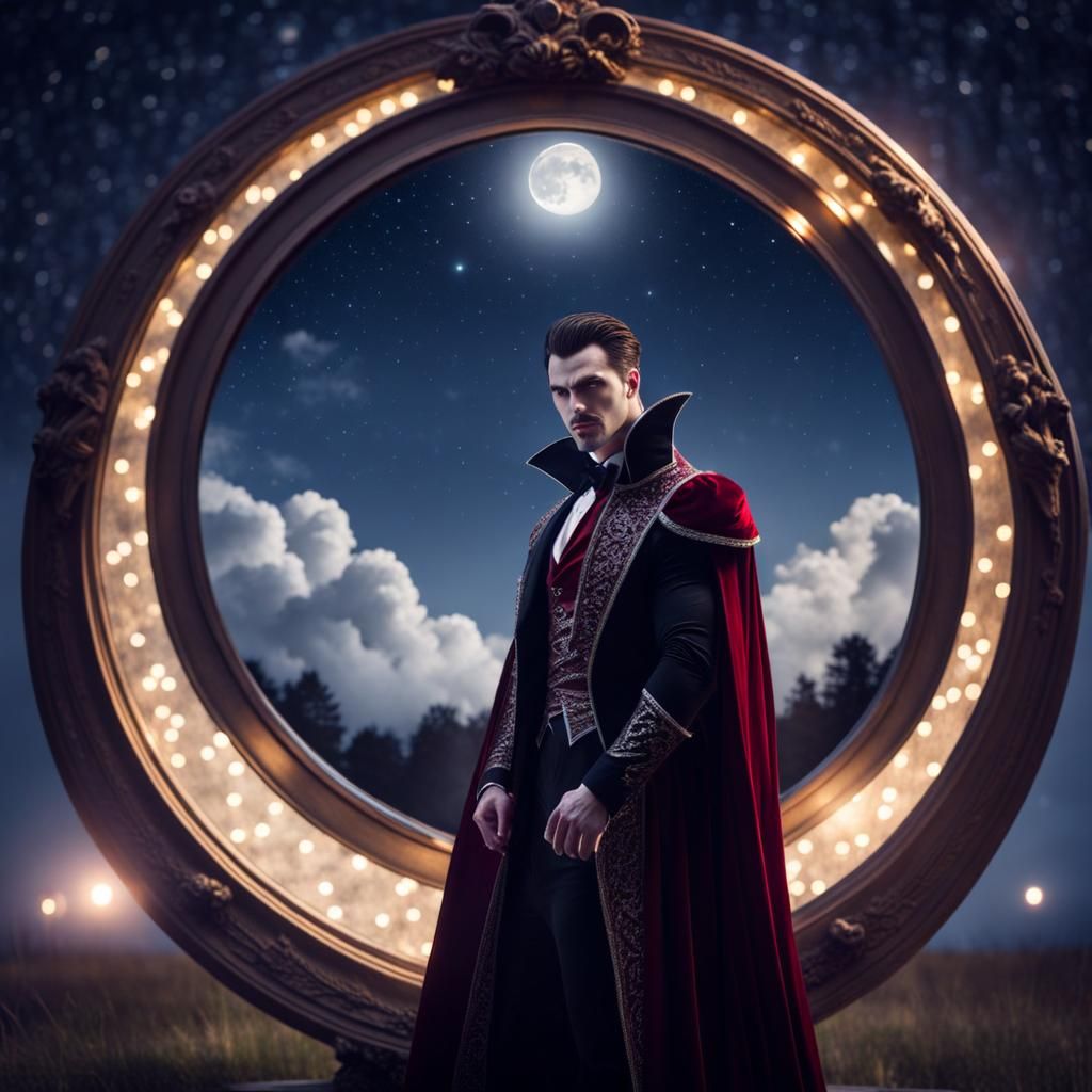 male vampire under starry night sky with Full moon the circle mirror in ...