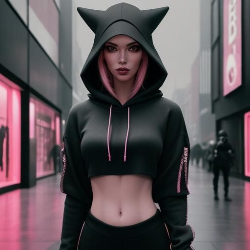 girl, pink hoodie, black cap, midriff, futuristic, whimsical, playful ...