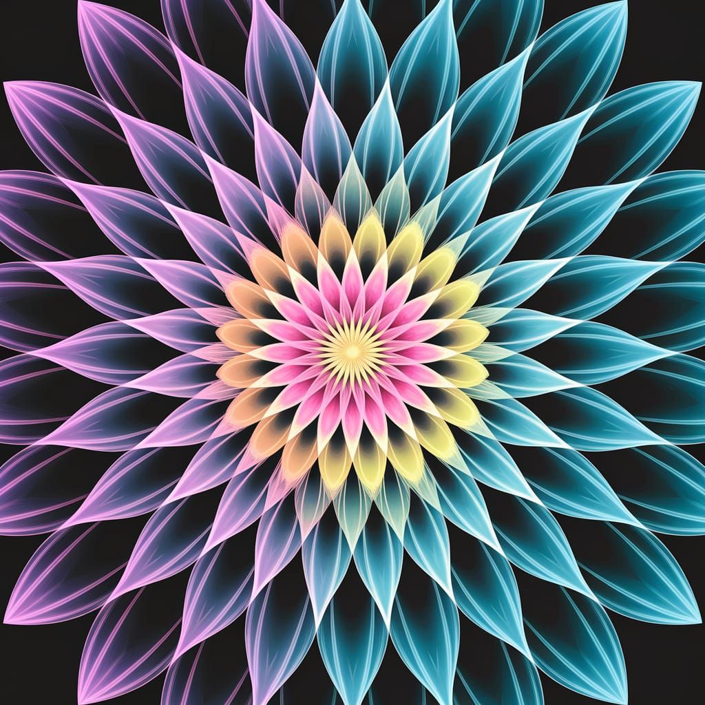 Radiating from a central point like a flower caught mid-bloom, translucent petal-like shapes fan ...