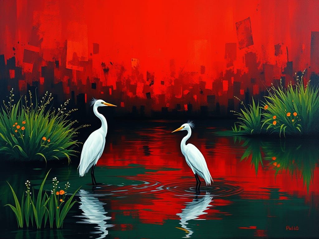 Mystical Egrets in a Dark, Ominous Landscape - AI Art