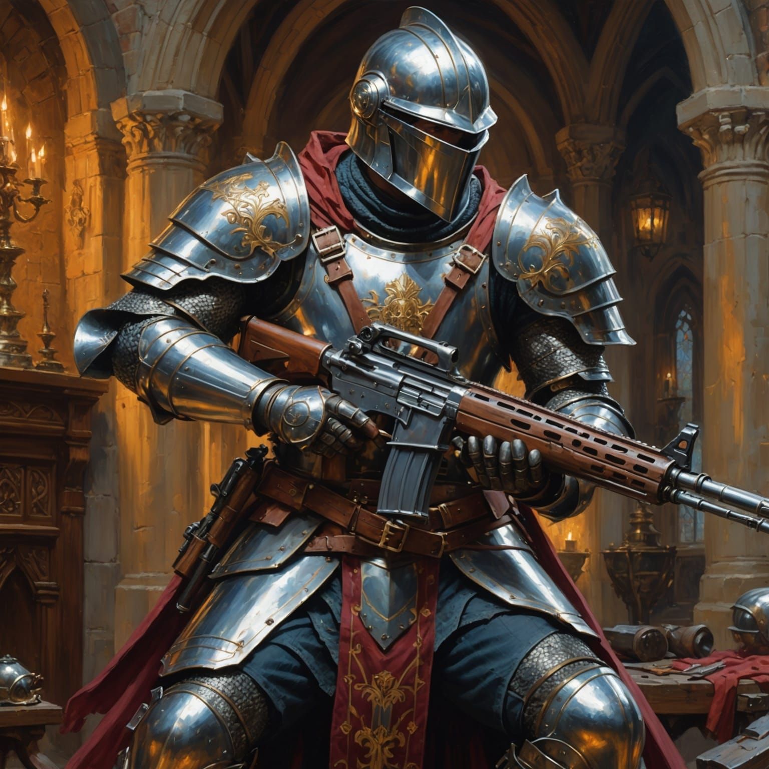 A medieval knight wearing full plate armor while aiming an accurately ...