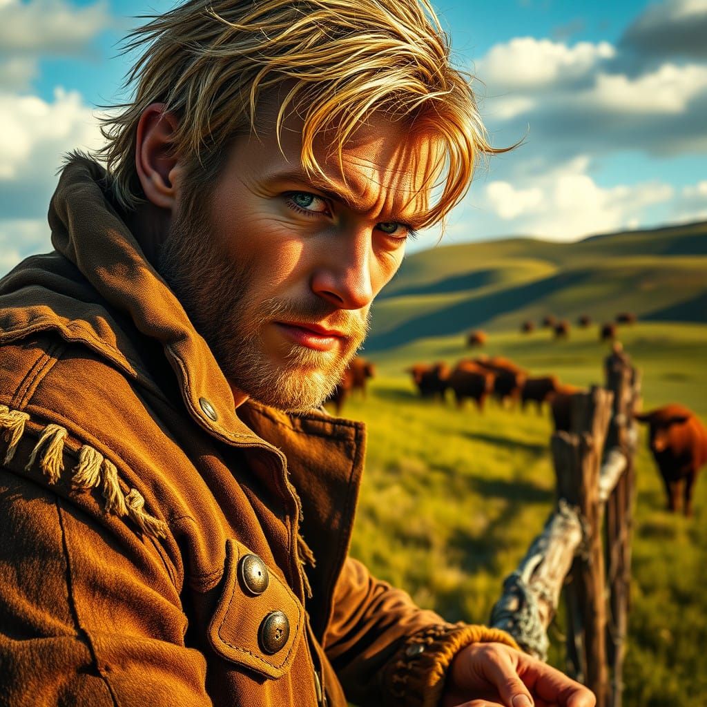 Rugged Farmhand in Vivid Landscape - AI Art