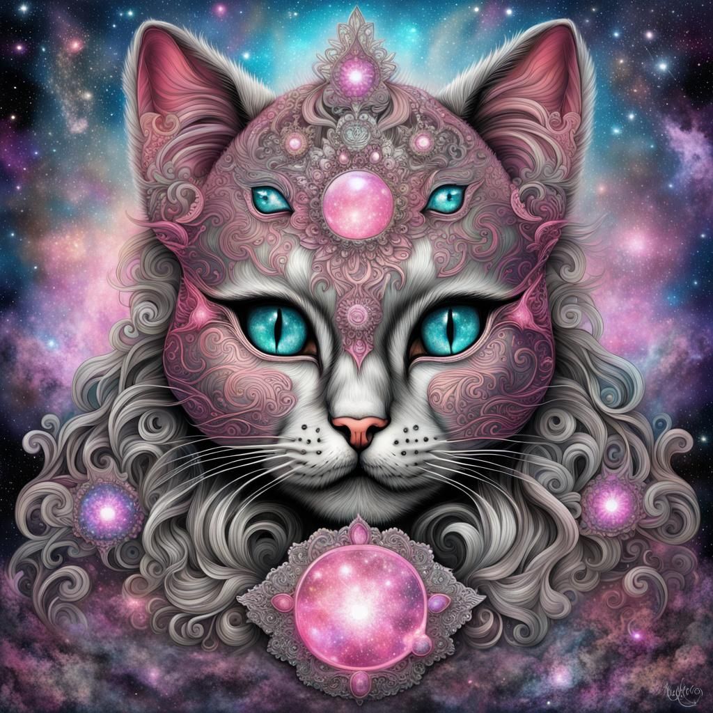 cat cute cosmic psychedelic kitten masquerade mask pink gray silver ...