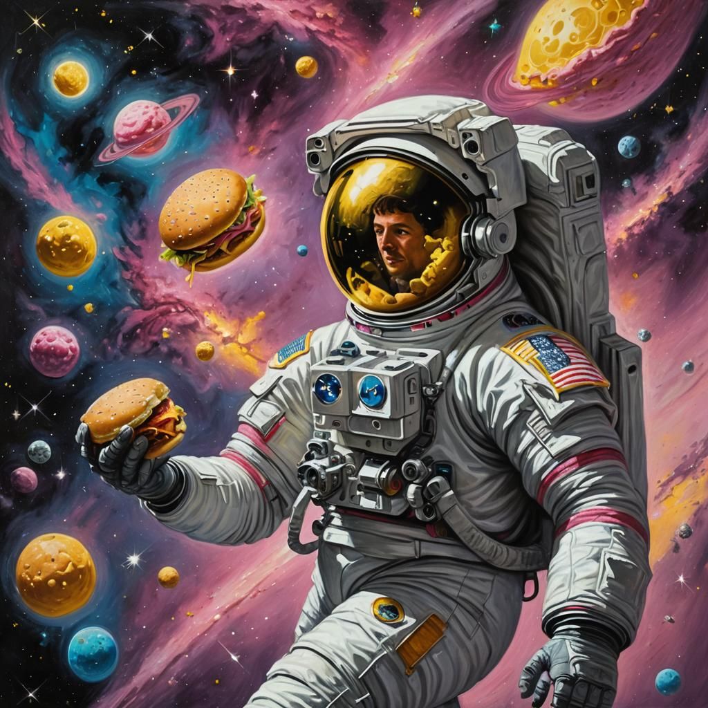 astronaut in space eating burger, yellow supernova, pink galaxies ...