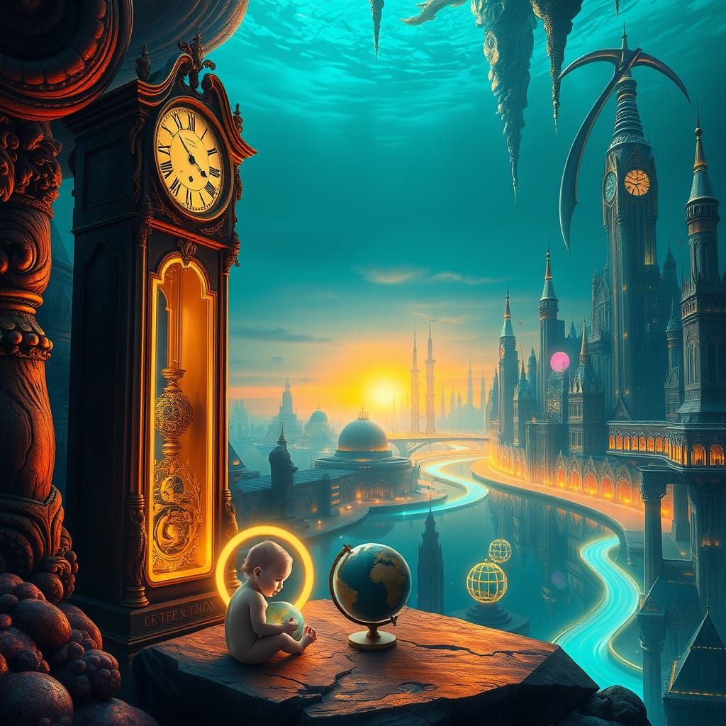 Janus-Headed Clockwatcher Overlooks Surreal Underw... - AI Art