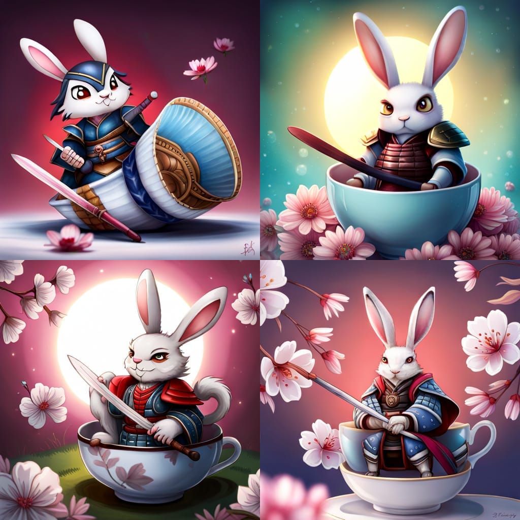 Grumpy Rabbit Samurai in Teacups - AI Generated Artwork - NightCafe Creator