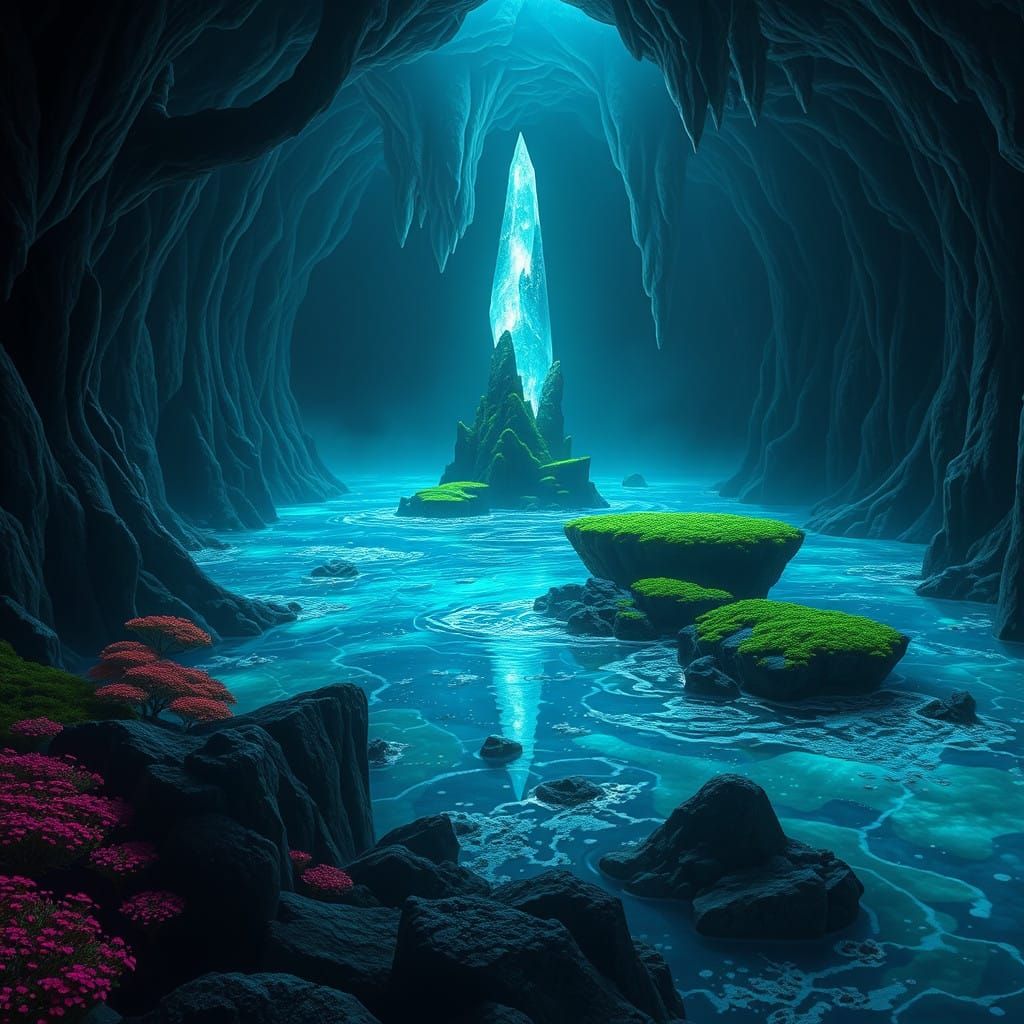Surreal Underground Lake Radiates Ethereal Glow - AI Art