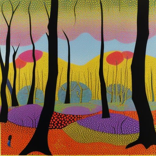 Yayoi Kusama style. Close up. Maple trees under warm sunlight. Naive ...