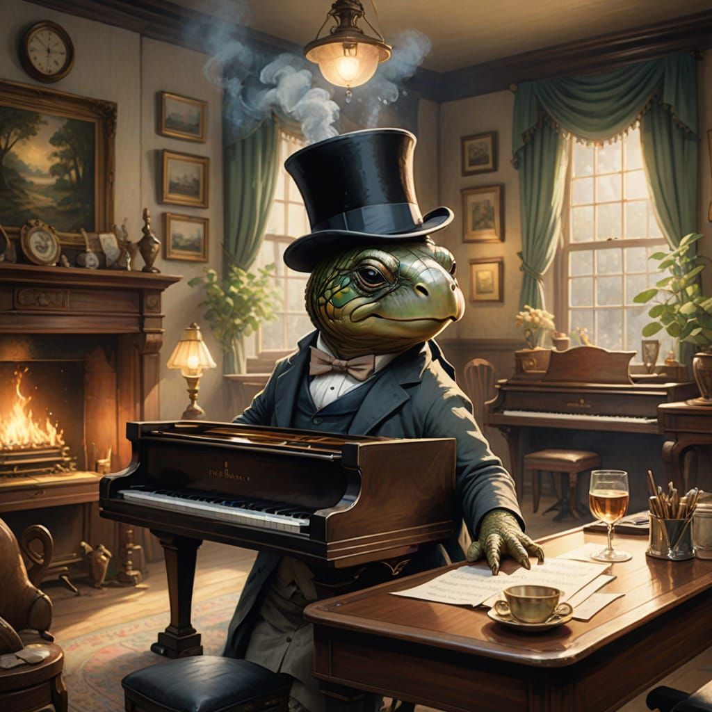Turtle Jazz Musician in 1920s Speakeasy, Watercolo... - AI Art