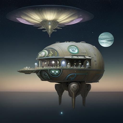 a fantasy flying food truck in an alien pplanet at night by Catrin welz ...