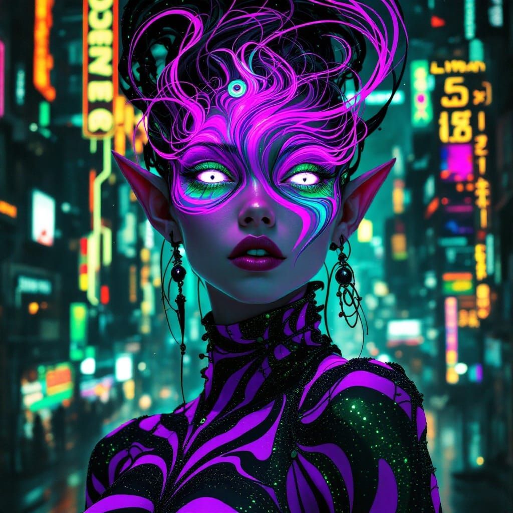 CGI alien funky female elf - Cyberpunk Surreal Fantasy Elf