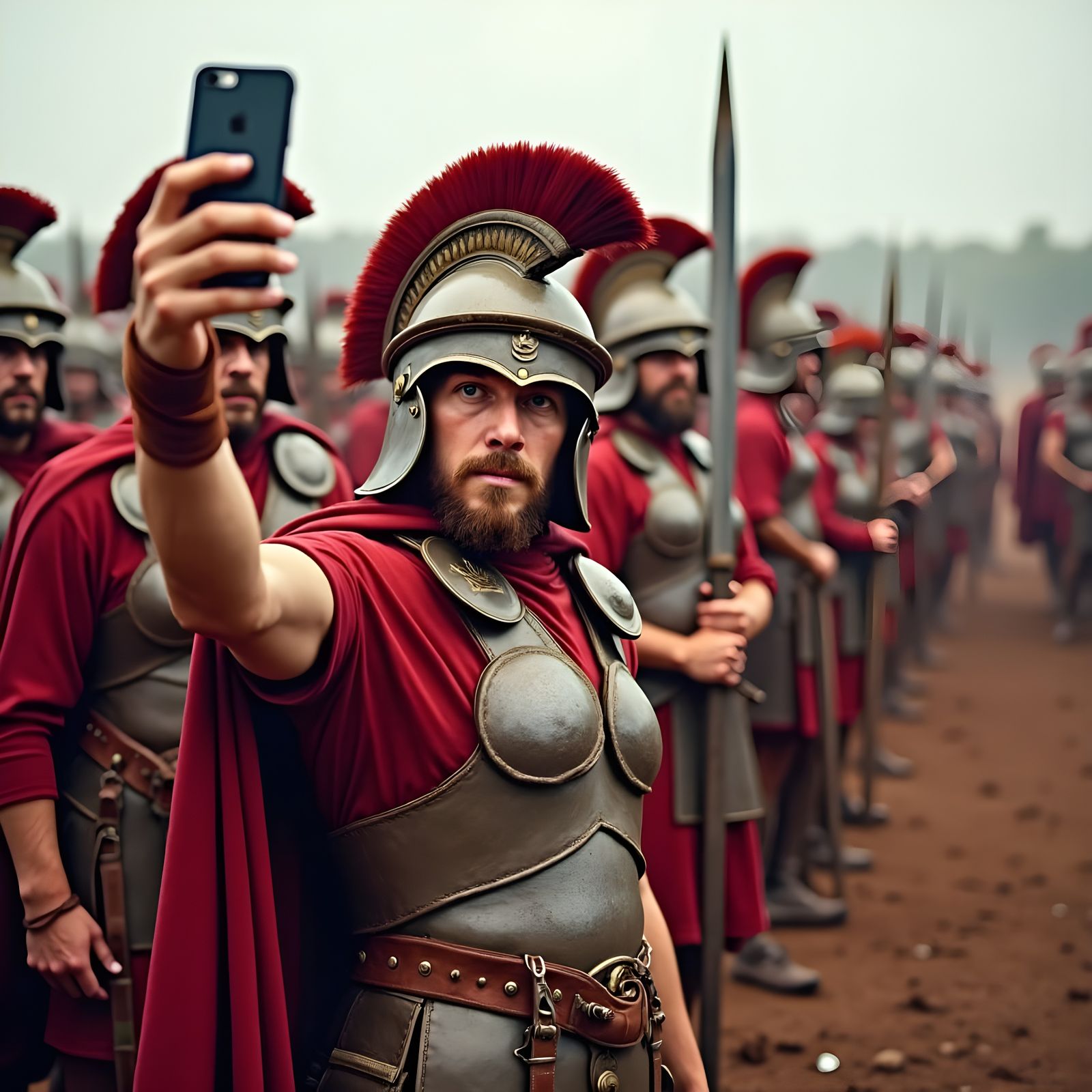Centurion Soldiers standing on the bloody battlefield taking group Selfie