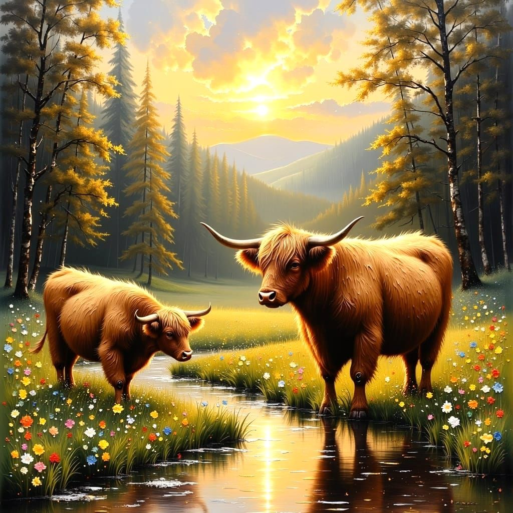 Surreal Highland Cows Bask in a Vibrant Wildflower... - AI Art