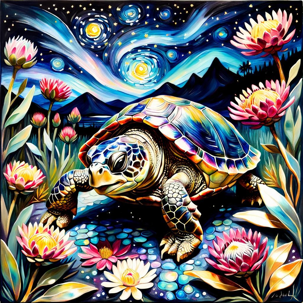 Starry Sky Turtle and Proteas - AI Generated Artwork - NightCafe Creator