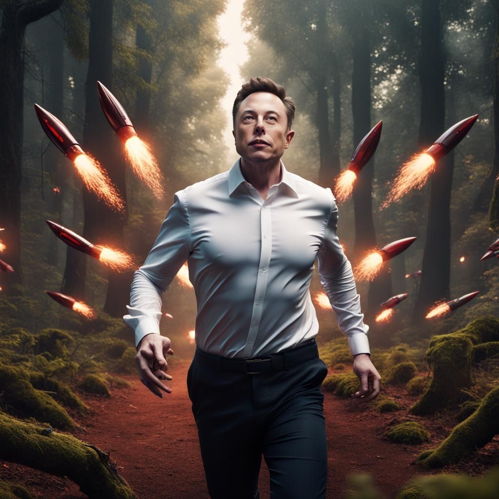 Elon musk running through a forest of rockets, photorealistic - AI ...