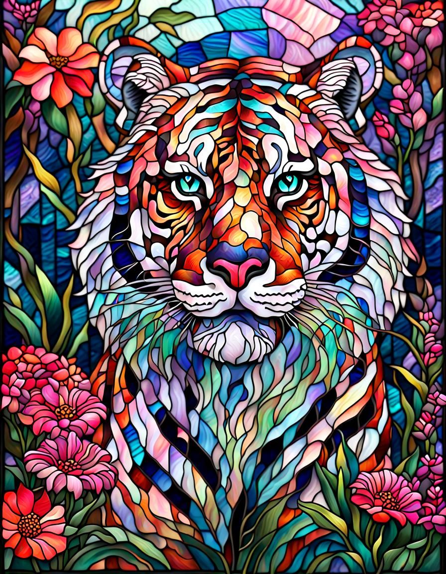 (Intricately detailed stained glass art of a magical tiger with ...