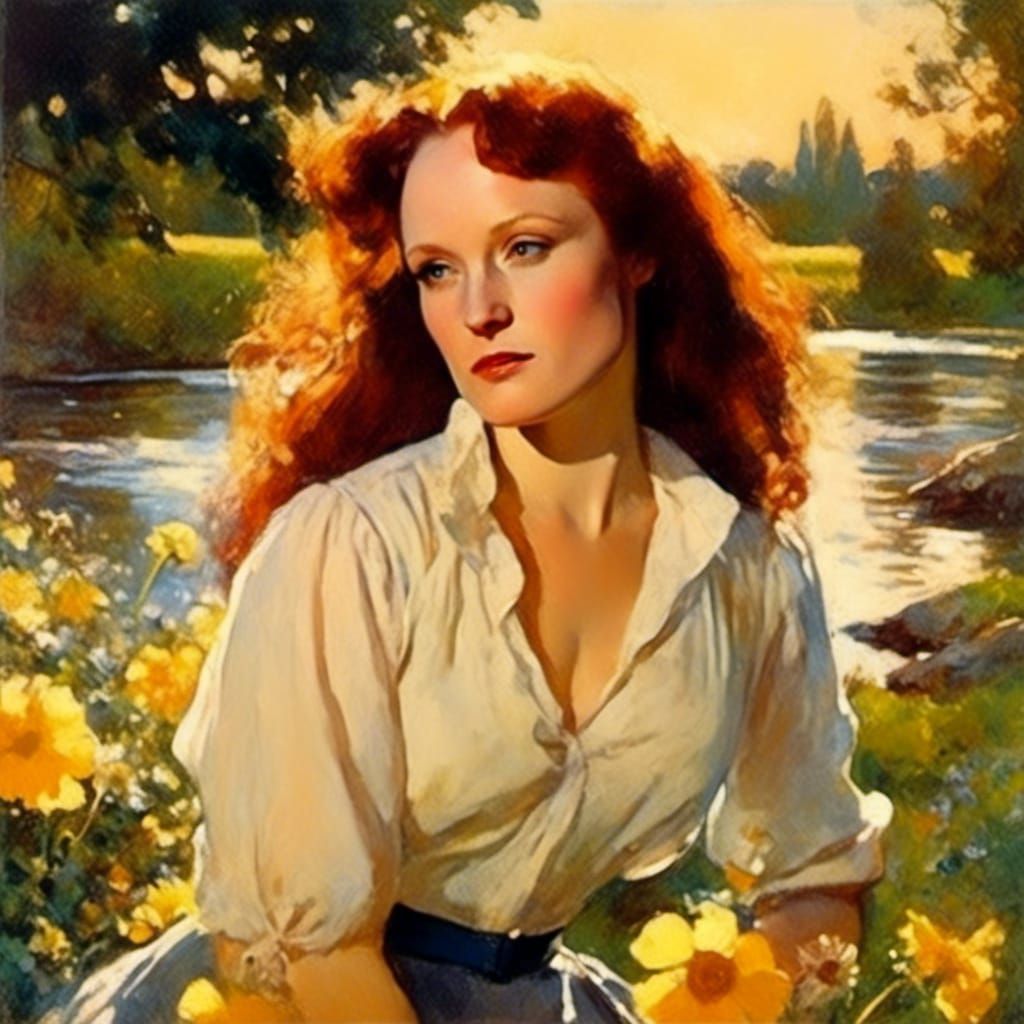 >white blouse, long auburn hair, comic book by Neal Adamsl, blue eyed ...