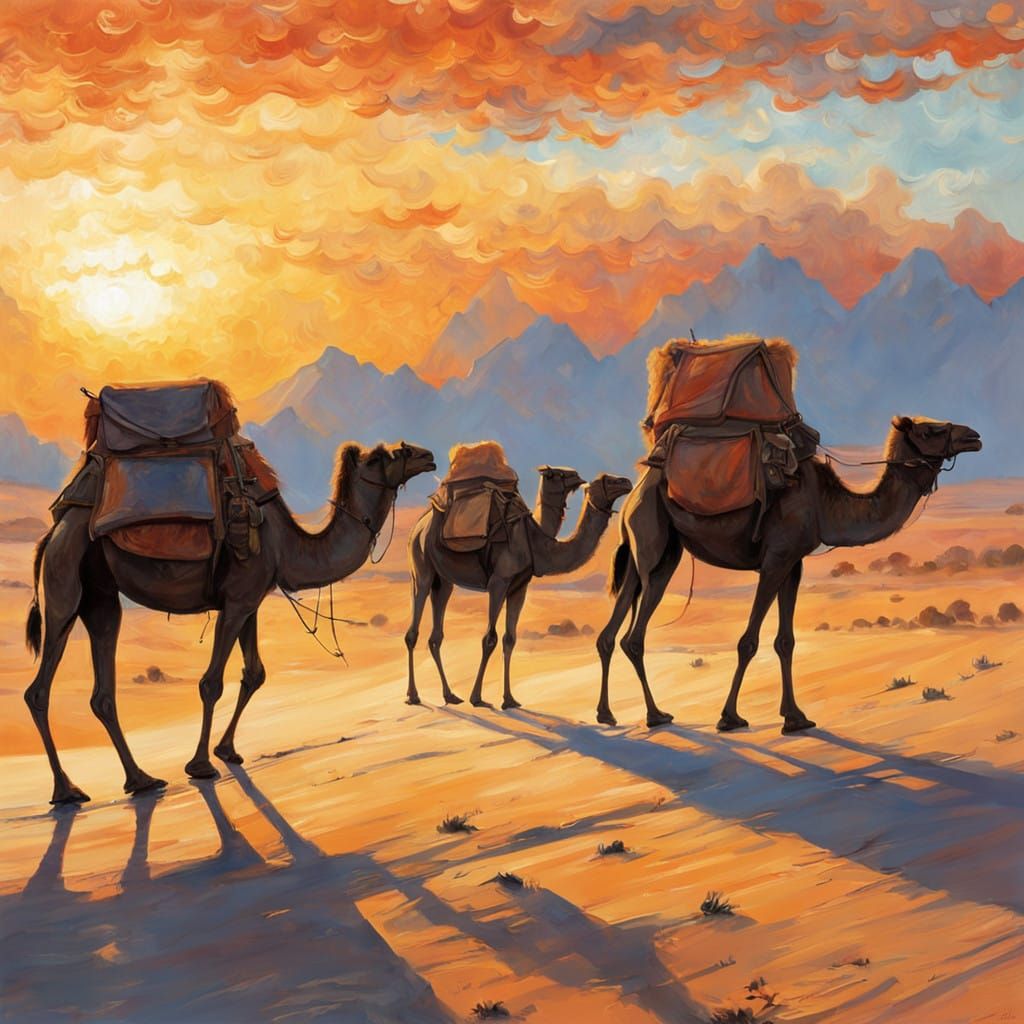 Ships of the desert - Camels Cross Desert Under Vibrant Sun...