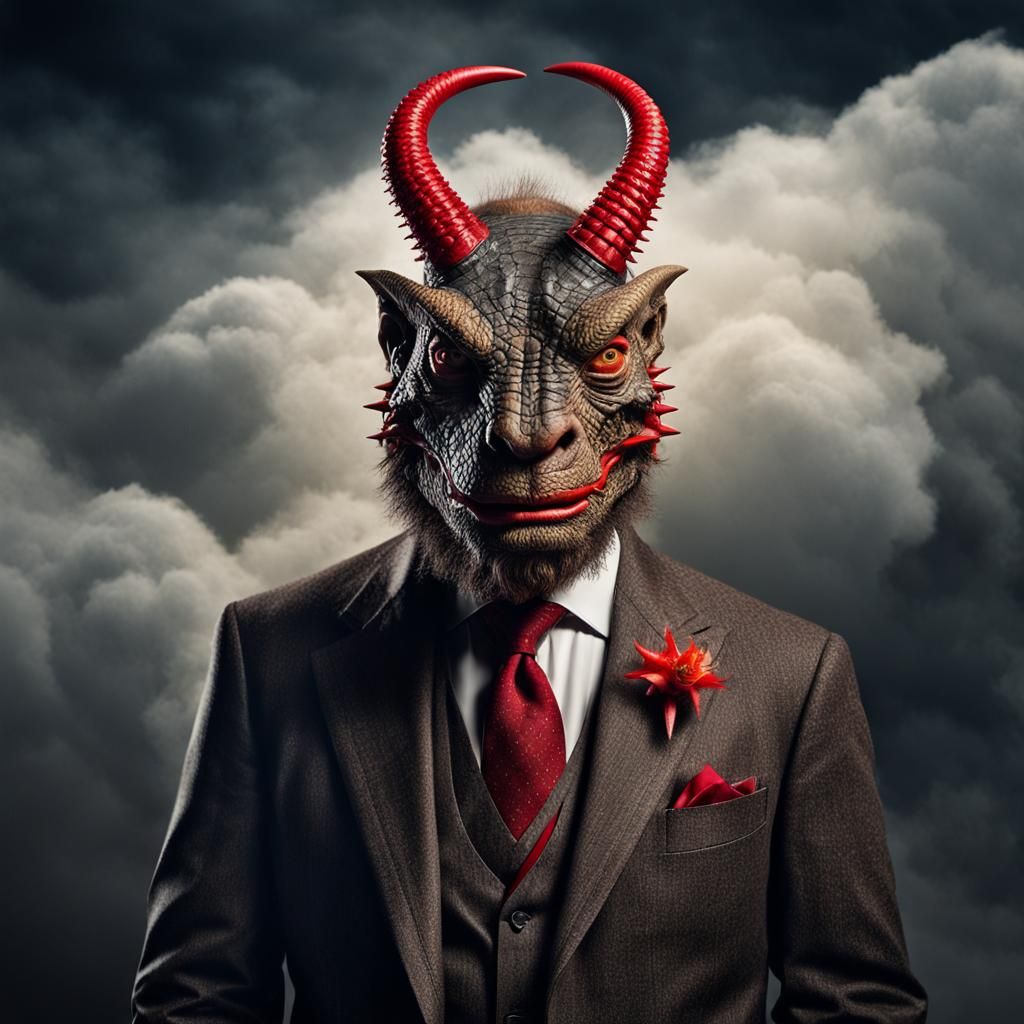 Old faded Gentlemen portrait, black scale lizard man with red spikes ...