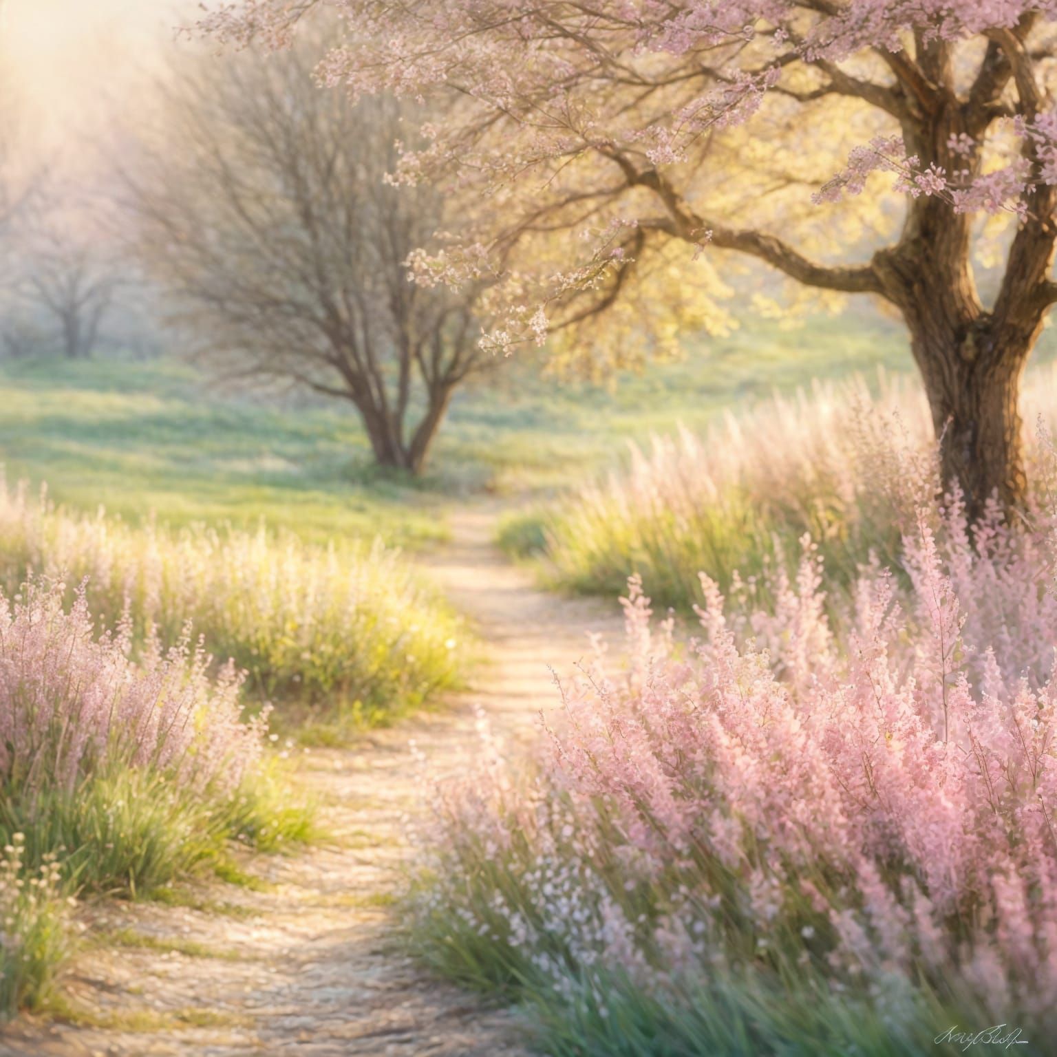 The Spring Pathway - Whimsical Spring Landscape in Impressio...
