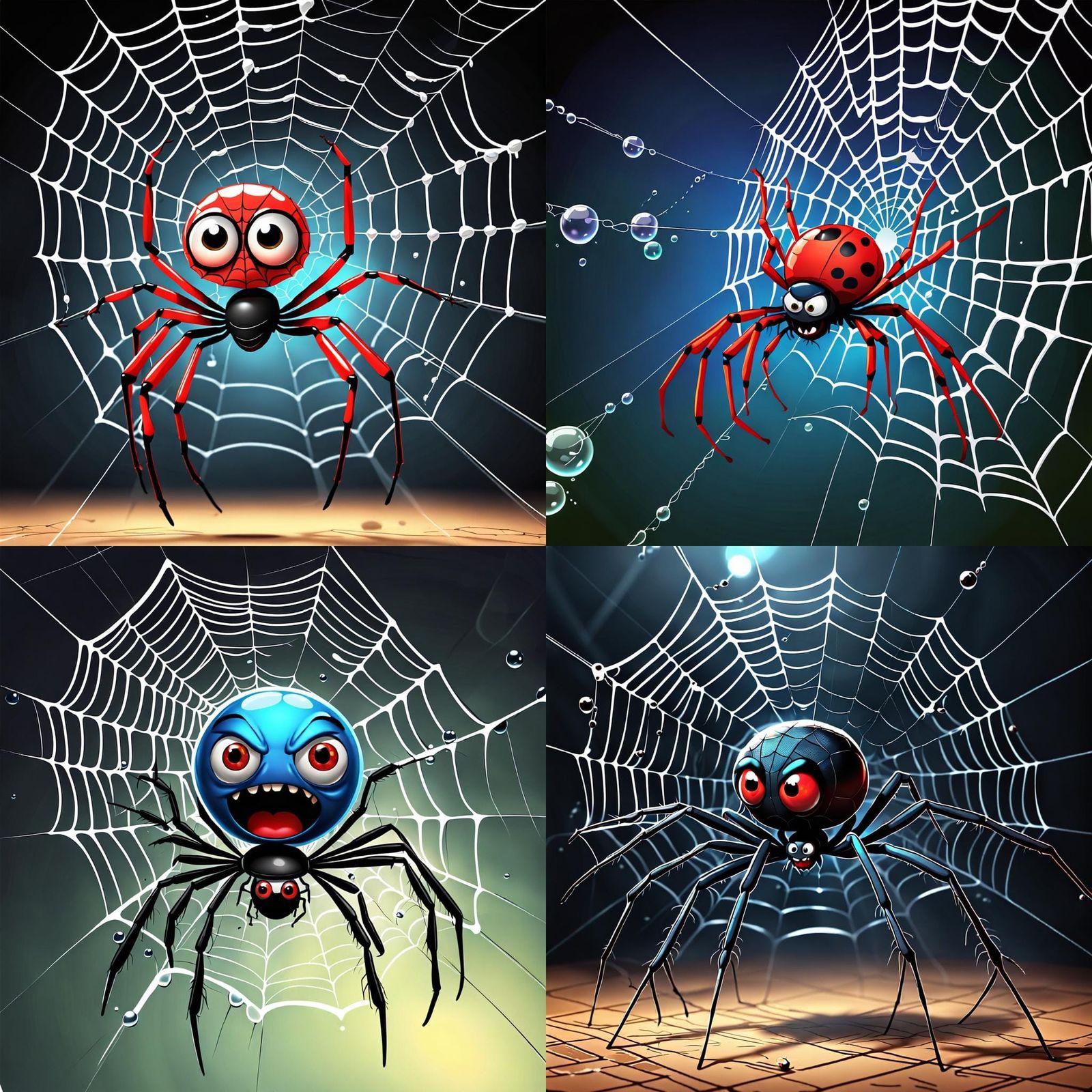 CGI cartoon evil spider catching a helpless fly in it's spider web ...