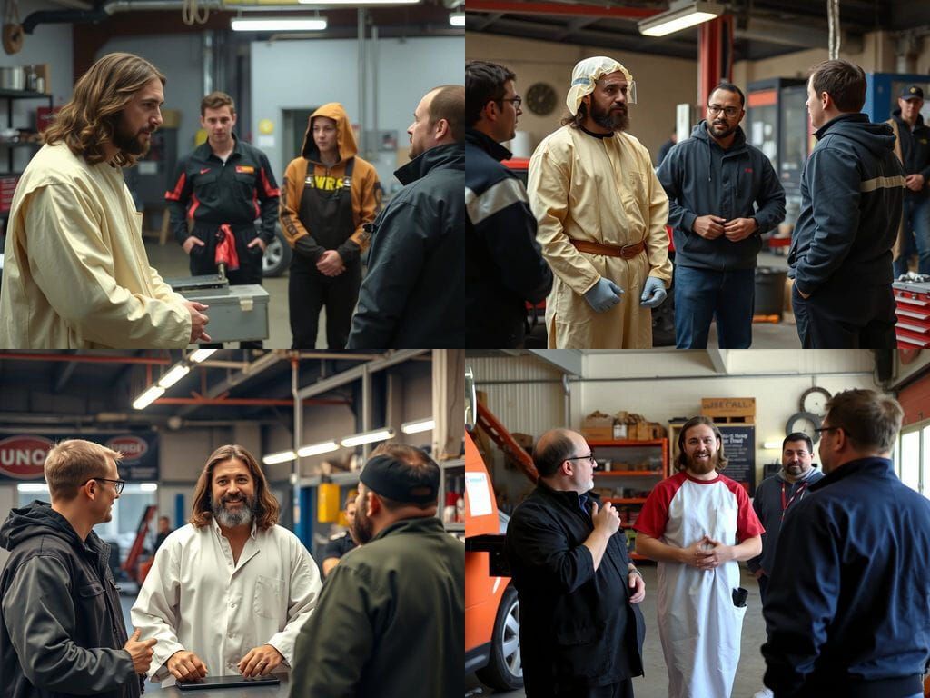 Jesus Discusses Car Repair with Garage Mechanics i... - AI Art